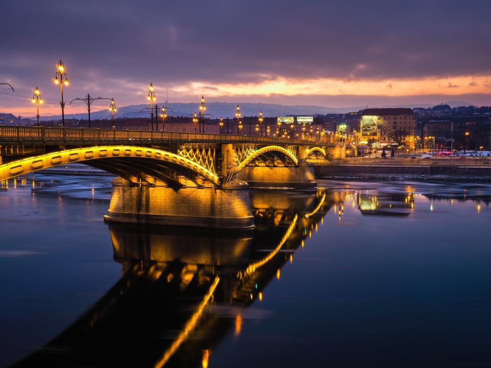 Free Stock Photo of Bridge Illuminated Over Water in Night | Download ...