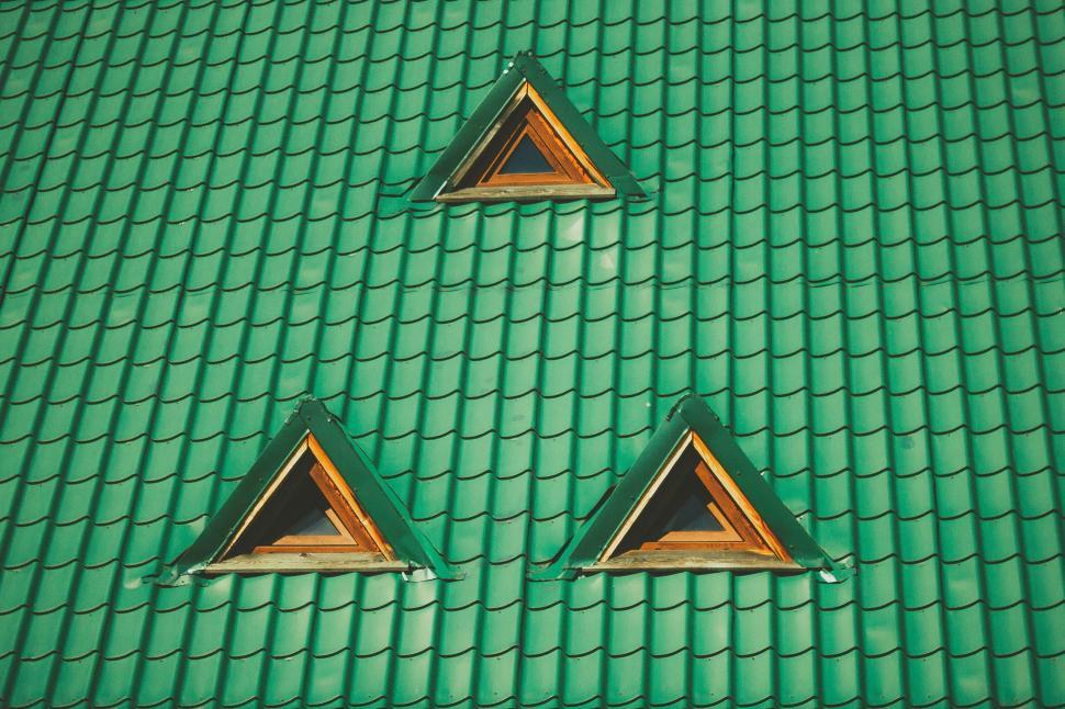 Free Stock Photo of Two Triangle Shaped Windows on a Green Roof ...