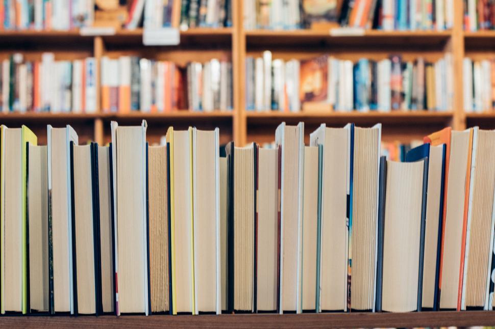 Free Stock Photo of Row of Books on Wooden Shelf in Library | Download ...