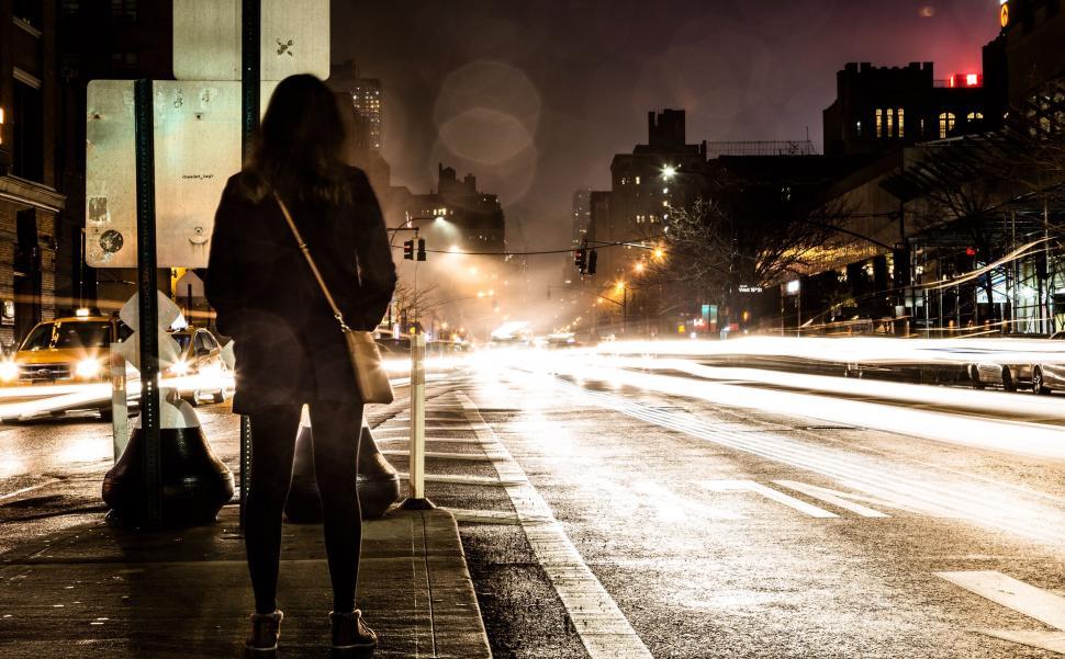 Free Stock Photo of Woman Standing on Side of Street at Night ...