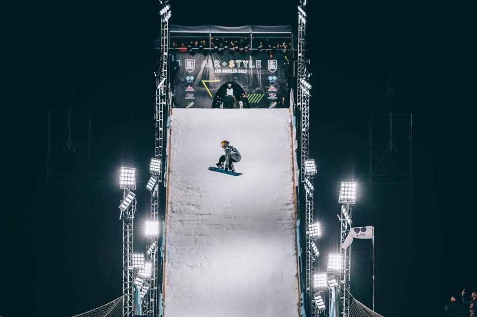 Free Stock Photo of Man Riding Snowboard Down Ramp | Download Free ...