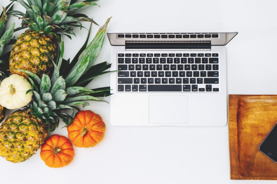 Free Stock Photo of Laptop Computer on Desk With Pile of Fruit ...