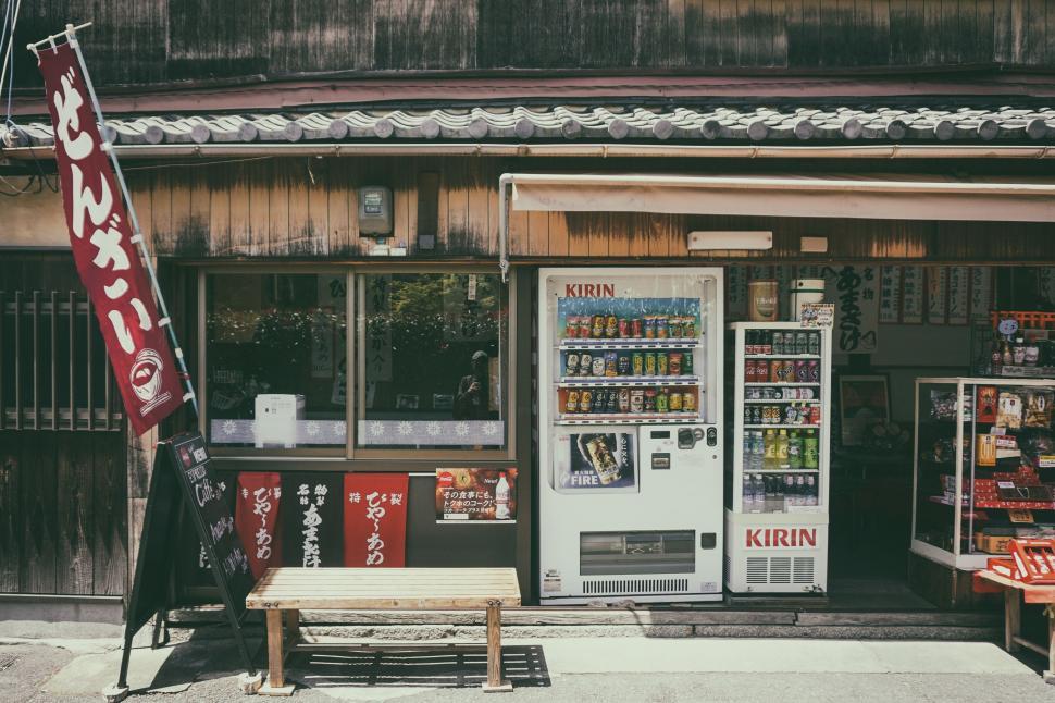 Free Stock Photo of Store Front With Kiosk and Bench | Download Free ...