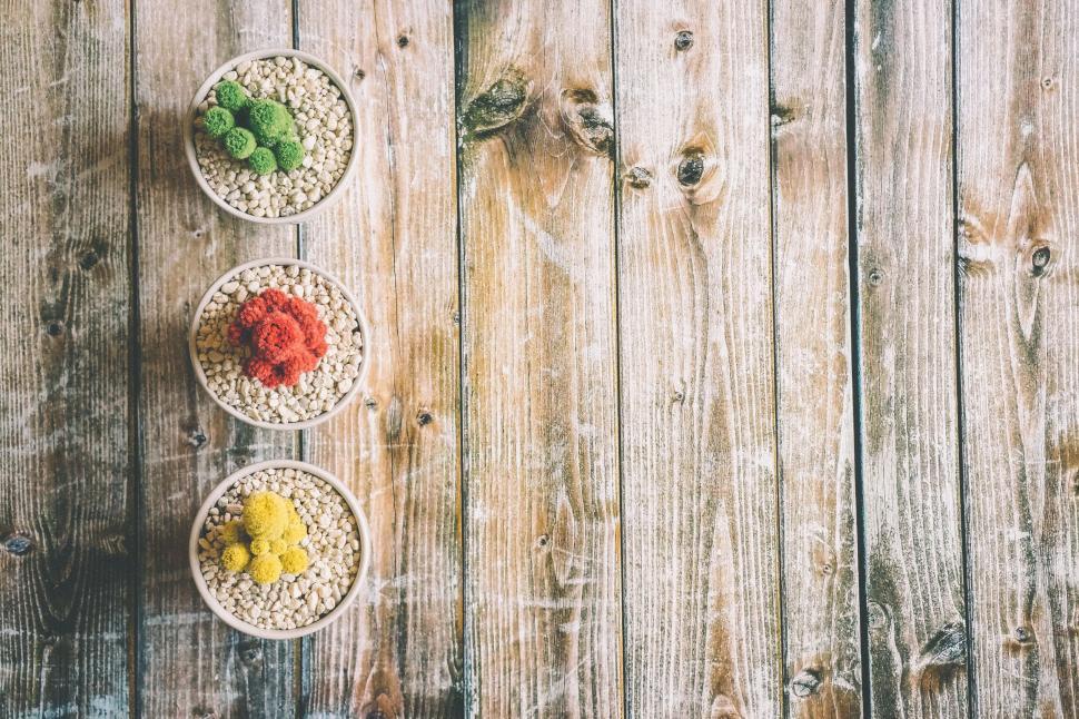 Free Stock Photo of Three Bowls of Food on Wooden Table | Download Free ...
