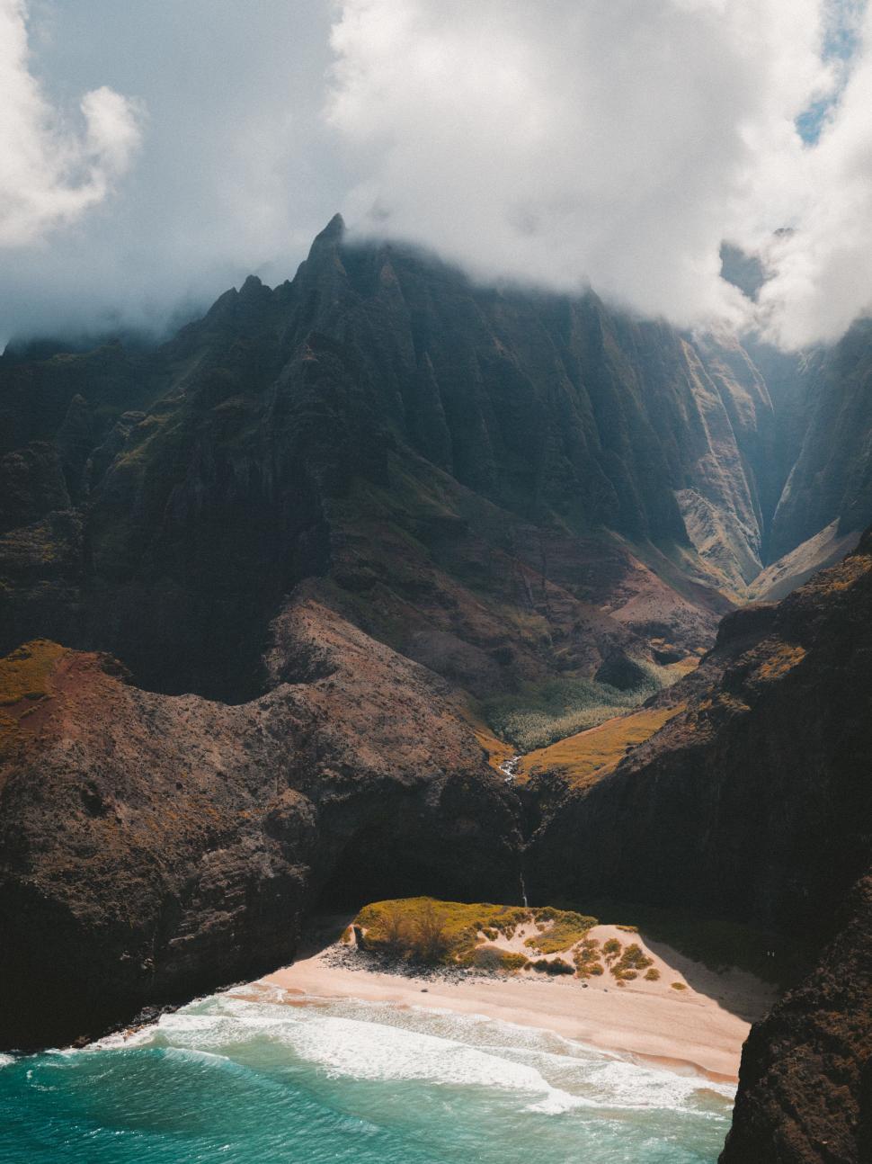 Free Stock Photo of Aerial View of Beach With Mountains in Background ...