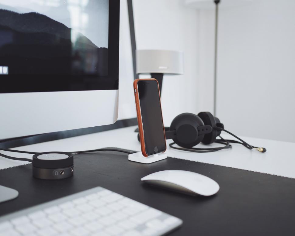 Free Stock Photo of Modern Computer Desk With Phone and Headphones ...