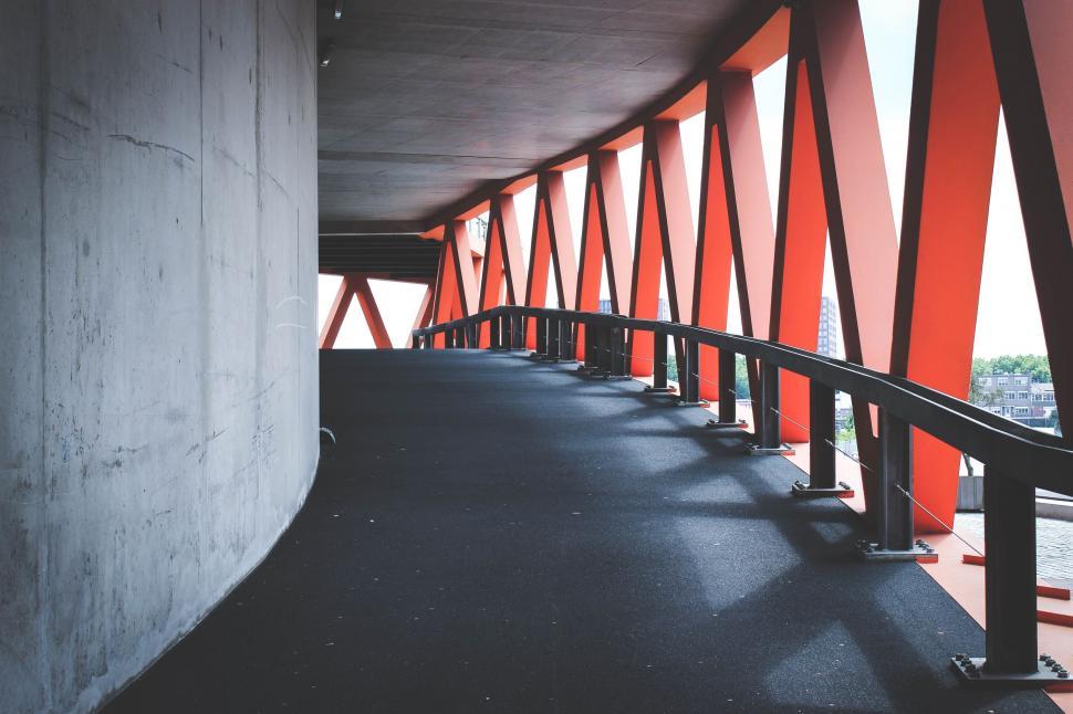 Free Stock Photo of Long Walkway With Red Railings Next to Building ...