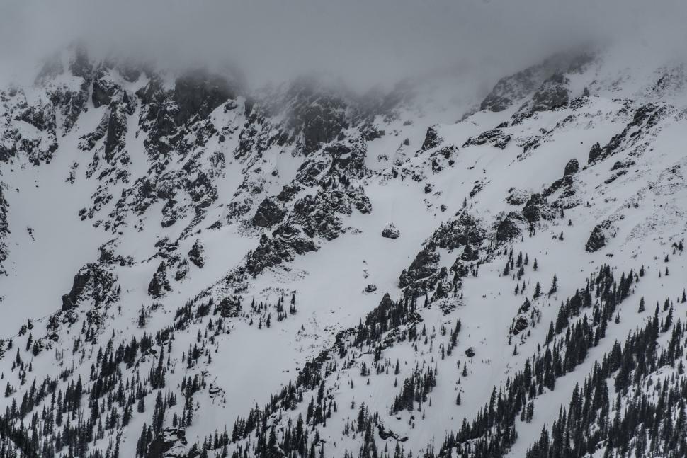 Free Stock Photo of Snow-Covered Mountain and Trees Under Cloudy Sky ...