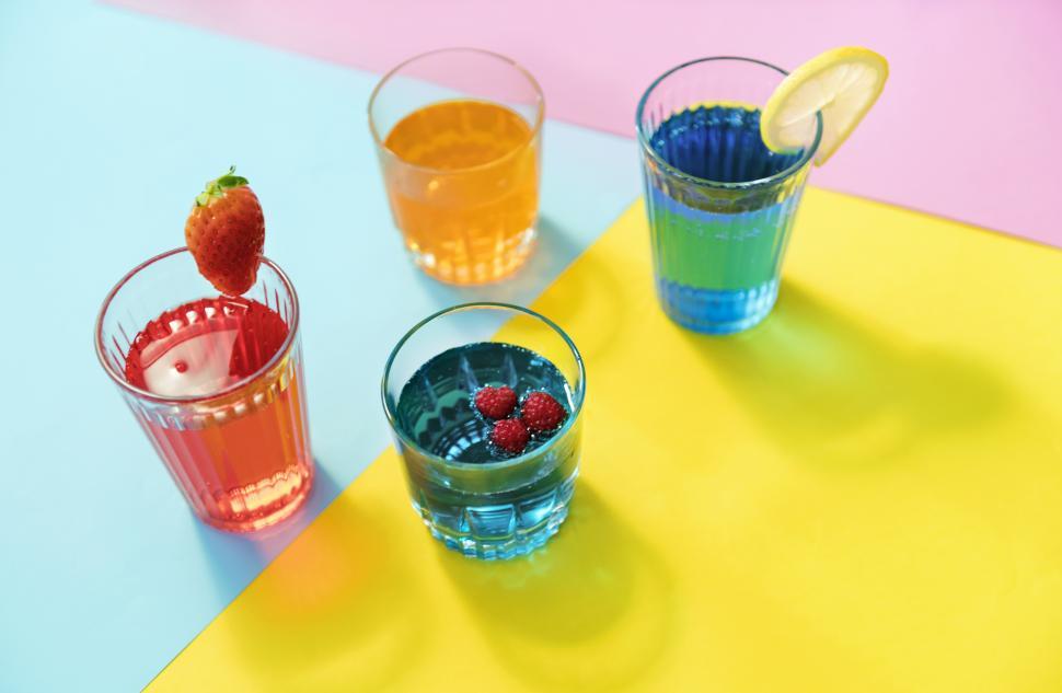Free Stock Photo of Close up of colorful beverages in four glasses ...
