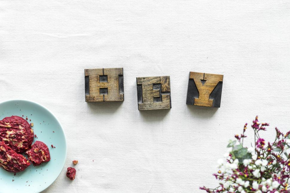 Free Stock Photo of Overhead view of the word HEY written with wooden ...