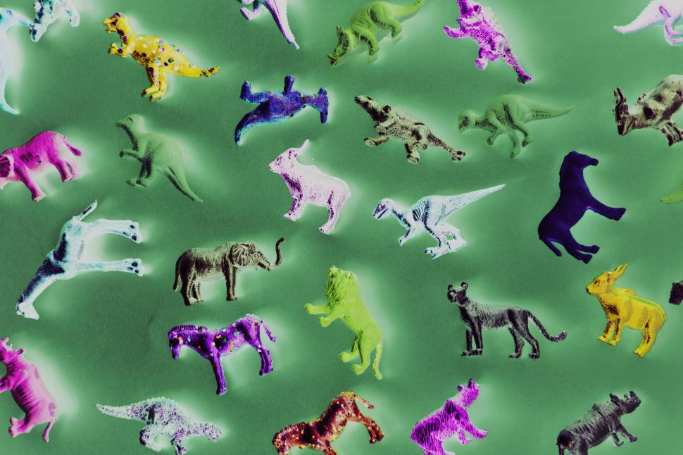 Free Stock Photo of Inverted processed color image of toy animals on ...