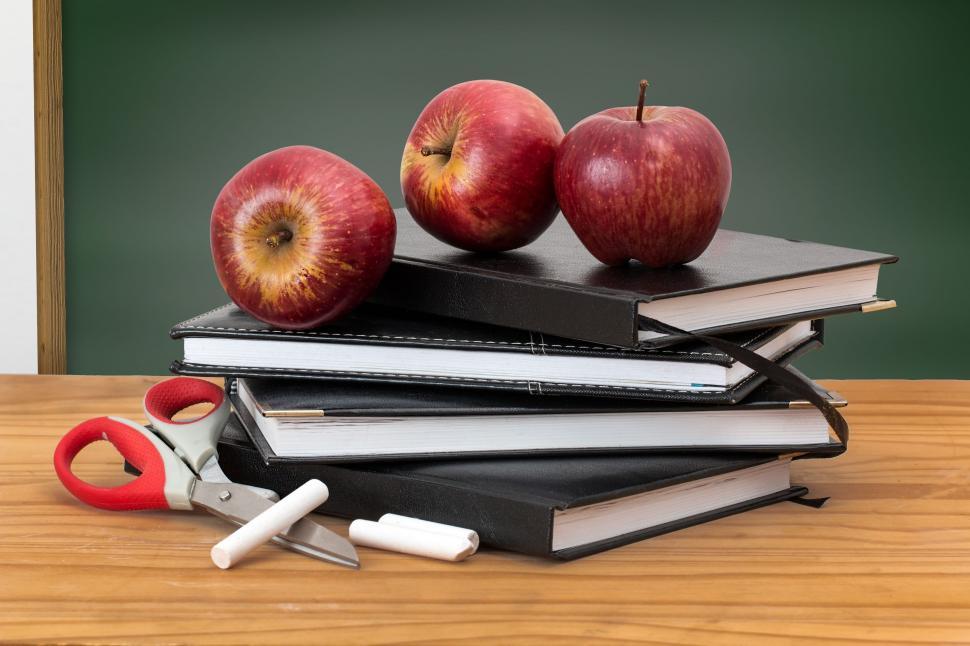 Free Stock Photo of school books apples blackboard green board ...
