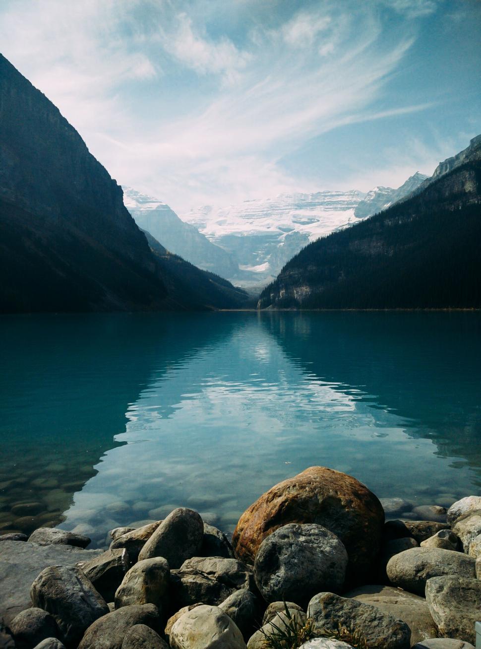 Free Stock Photo of Placid lake in mountains with reflections ...