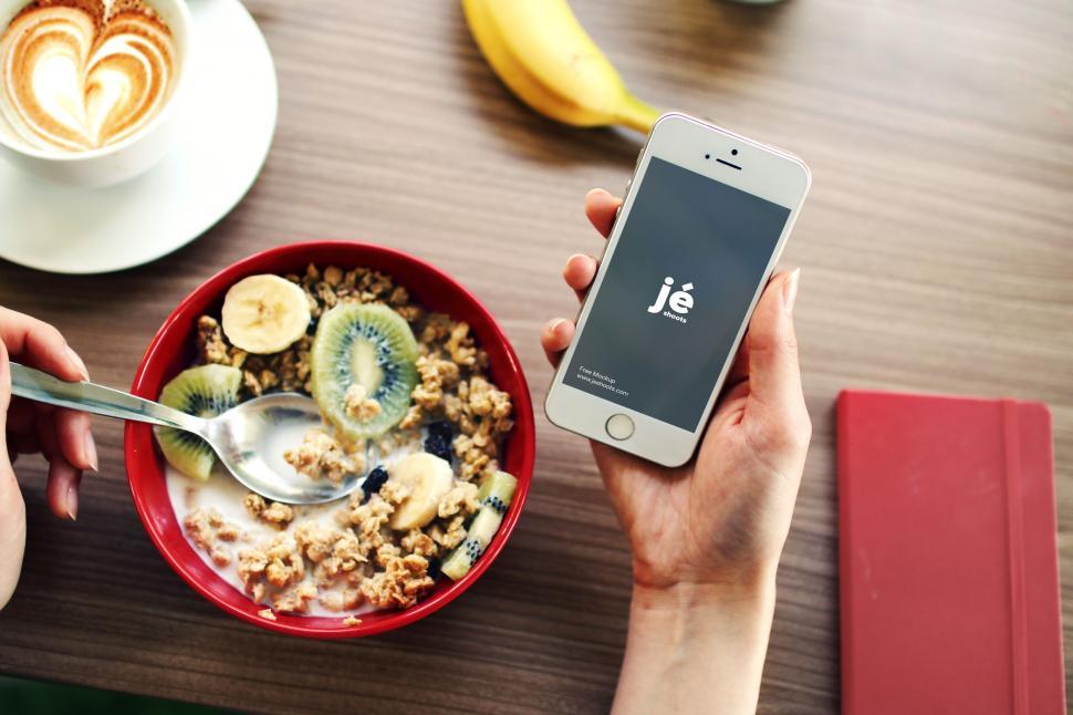 Free Stock Photo of Using Phone During Breakfast | Download Free Images ...