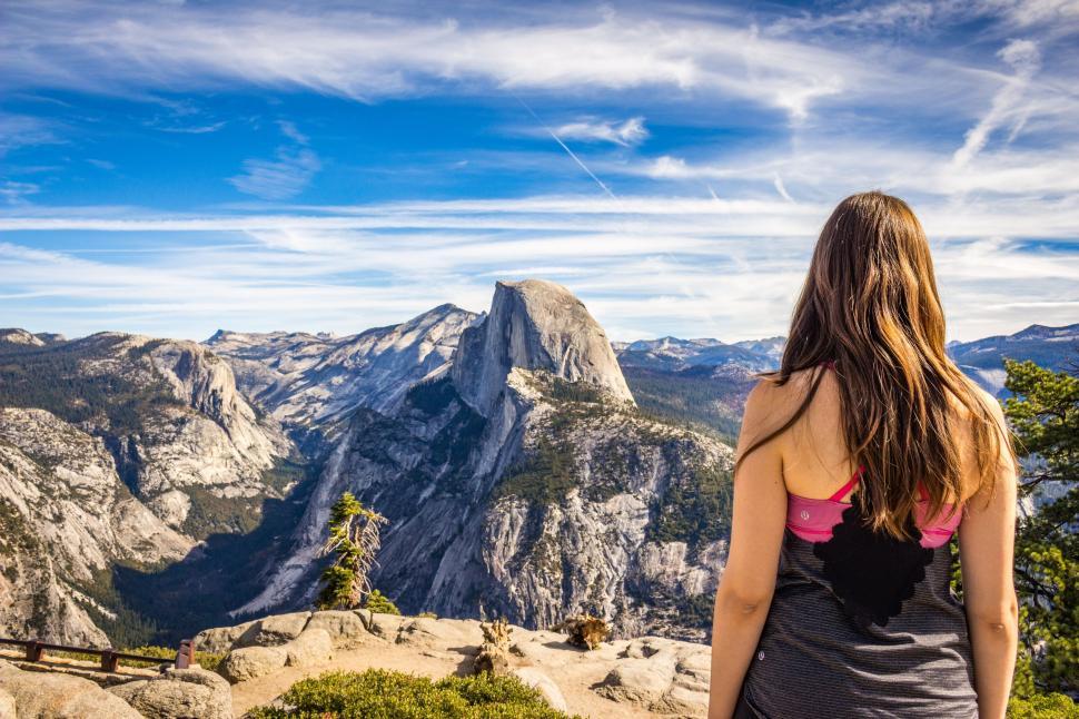 Free Stock Photo of Backside view of long hair woman on mountain top ...