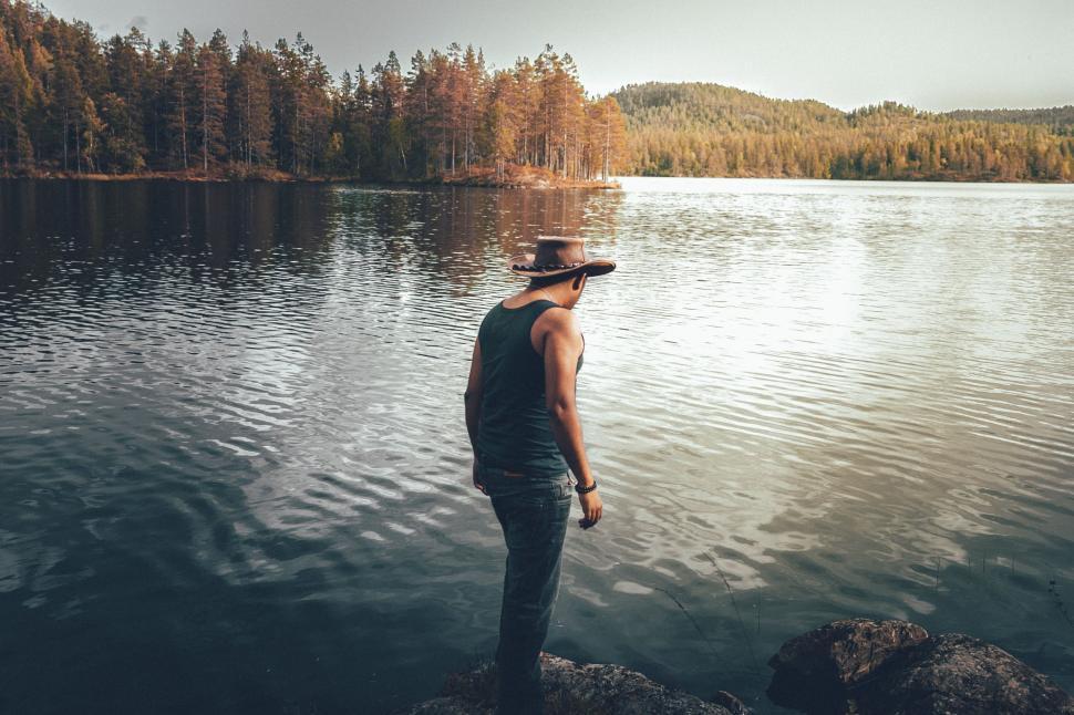 Free Stock Photo of Back view of man in cowboy hat at seashore ...
