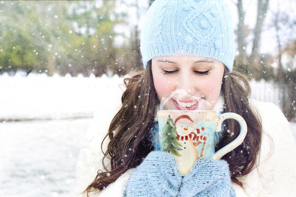 Free Stock Photo of Woman with coffee cup in snow | Download Free ...