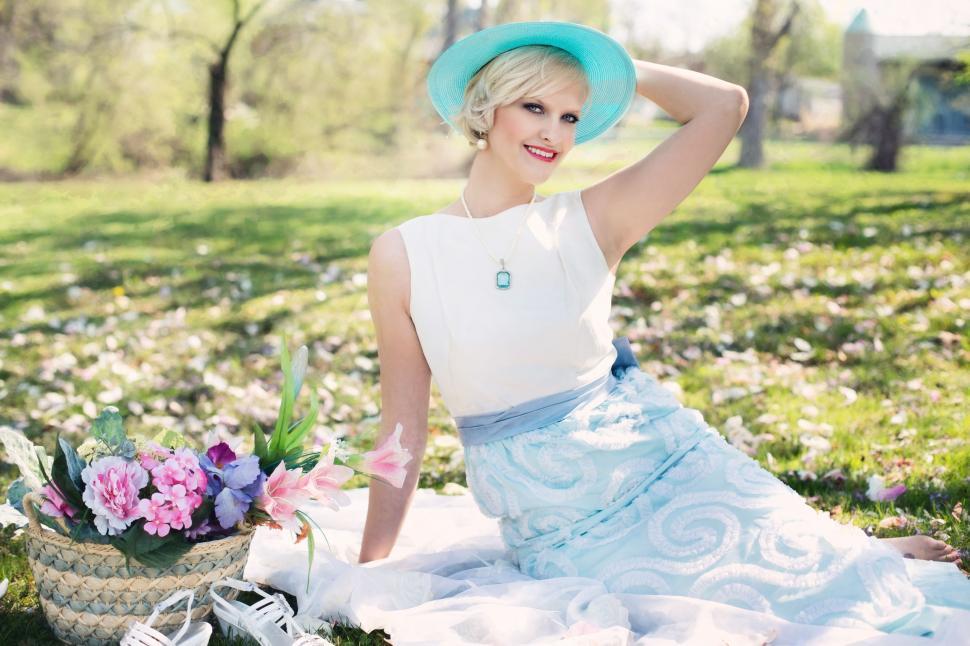 Free Stock Photo of Smiling Blonde Woman in Turquoise hat - looking at ...