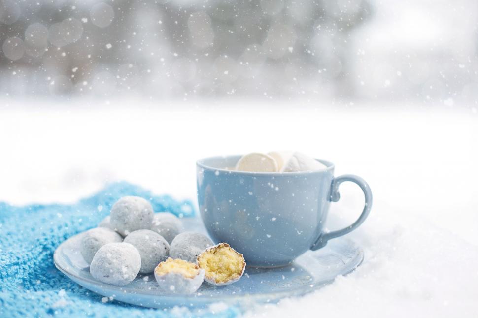 Free Stock Photo of Coffee and doughnut holes in snow | Download Free ...