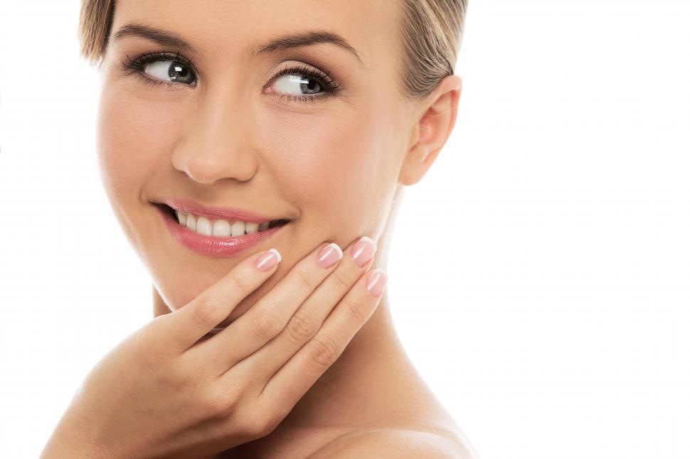 Free Stock Photo of Beautiful girl with hand on chin, looking over ...