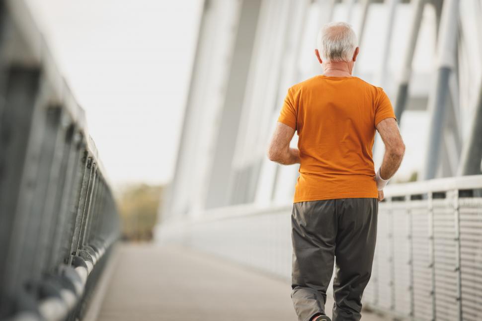 Free Stock Photo of Backside view of senior man running on the bridge ...
