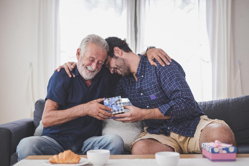 Free Stock Photo of Fathers day embrace as father receives gifts ...