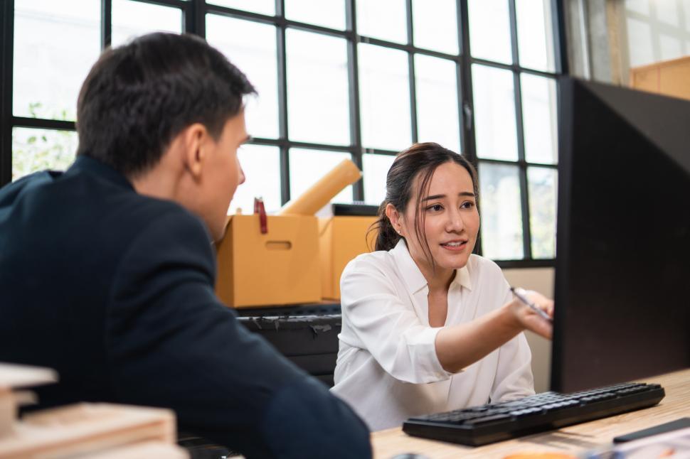 Free Stock Photo of Female employee sitting and presenting project on ...