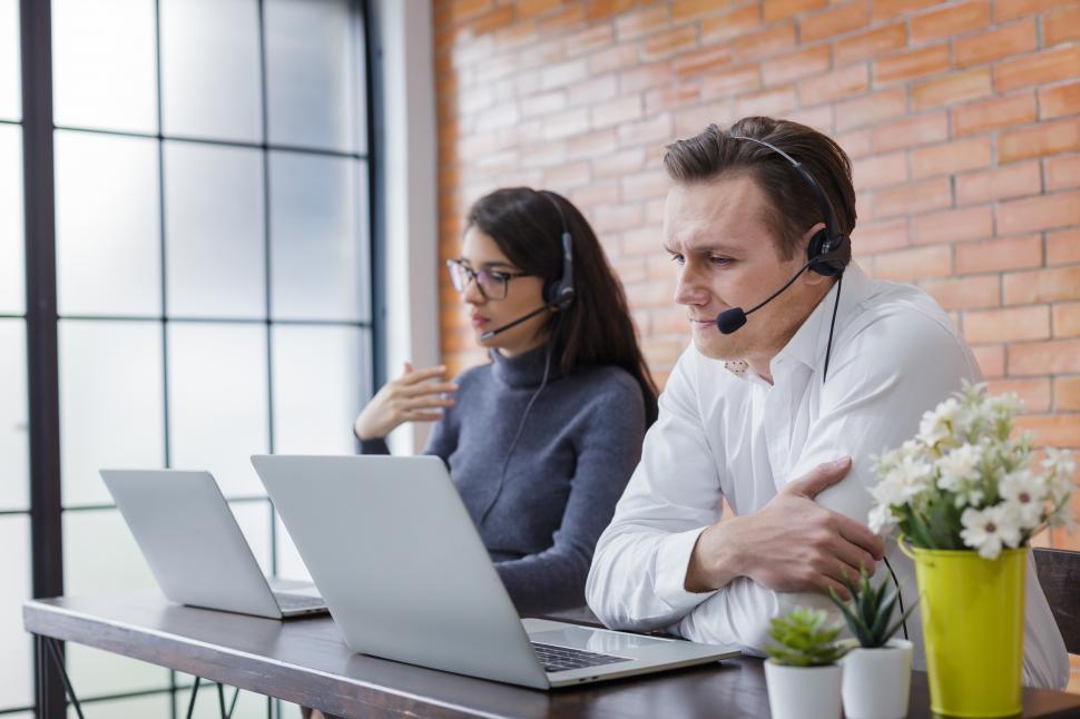 Free Stock Photo of young women and man work in call center wear ...