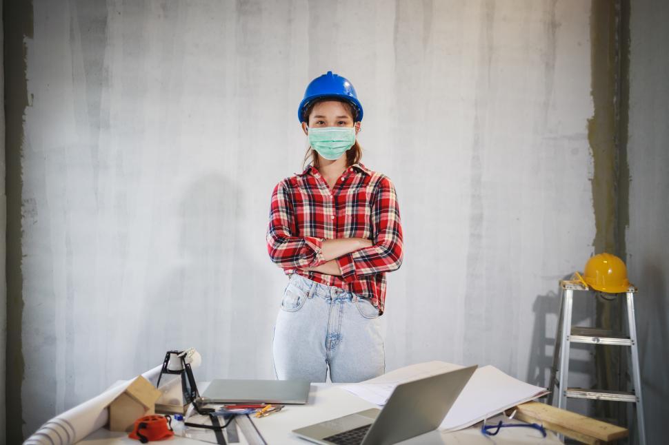 Free Stock Photo of Engineer or Foreman woman wearing disposable face ...