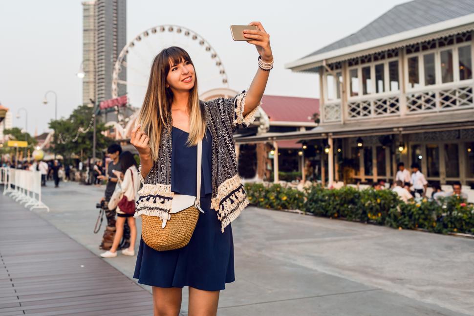 Free Stock Photo of Happy woman making self portrait with ferris wheel ...