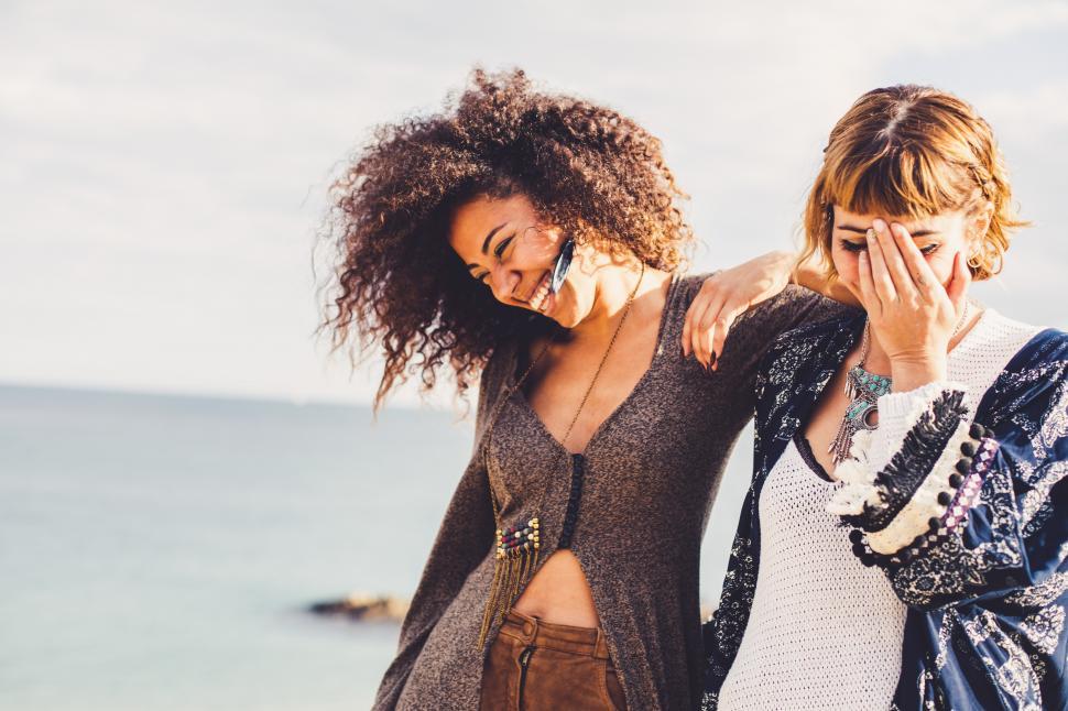 Free Stock Photo of a couple of two girlfriends in the shore in autumn ...