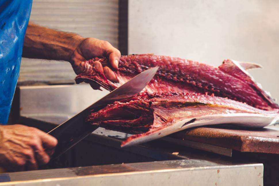 Free Stock Photo of Cropped Image Of Butcher Cutting Tuna | Download ...