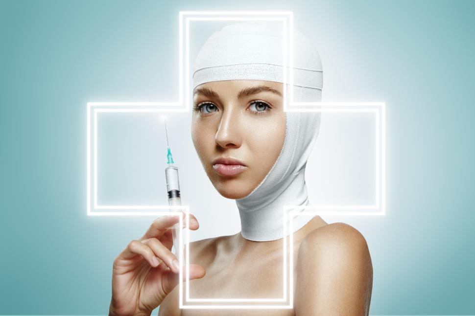 Free Stock Photo of woman holding injection with graphic overlay of ...
