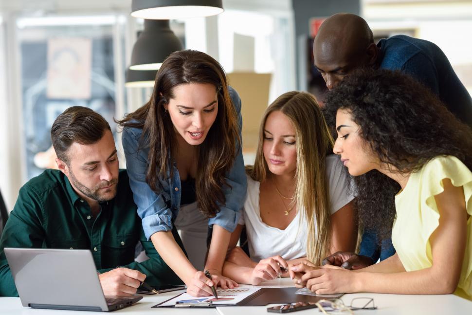 Free Stock Photo of Multi-ethnic group of young men and women studying ...