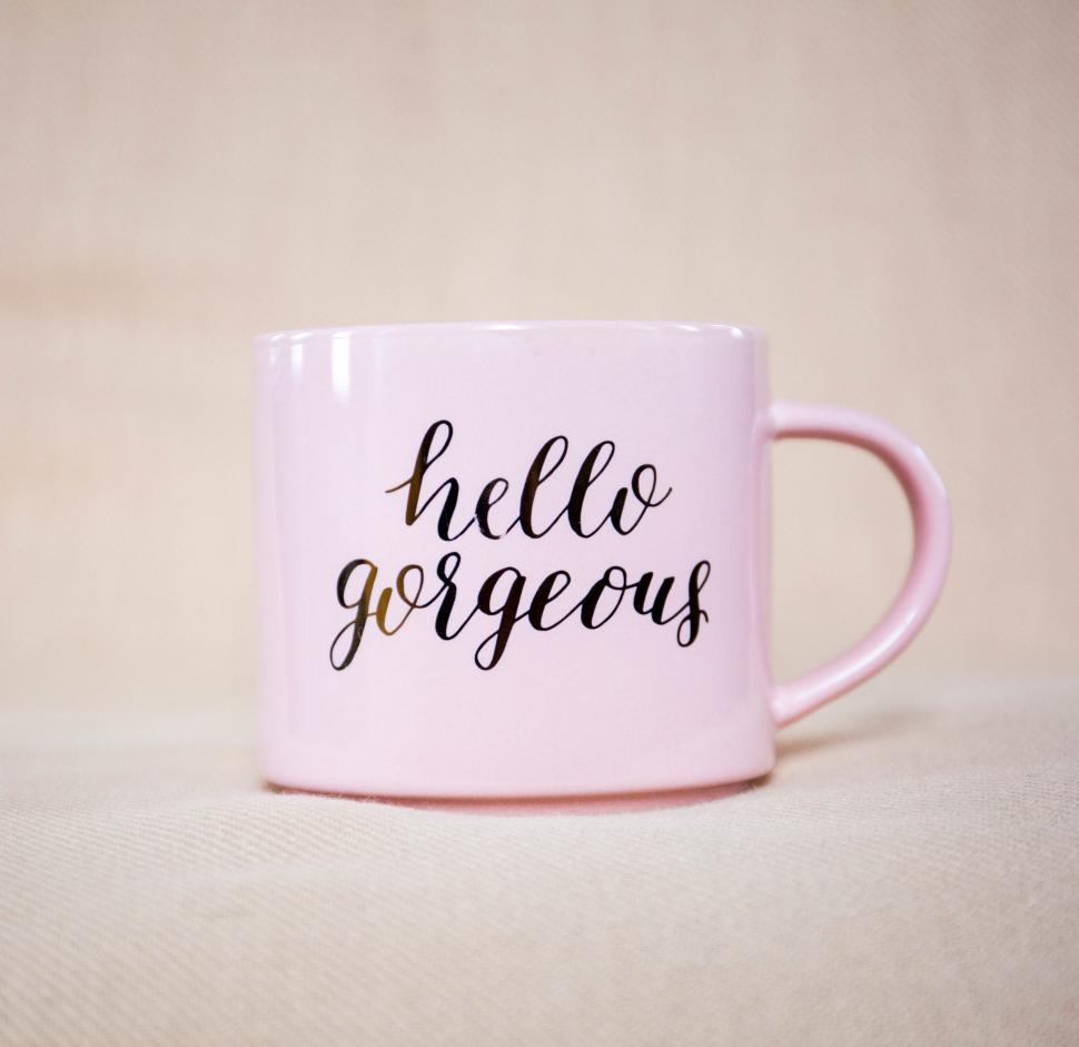 Free Stock Photo of A pink mug with black writing on it | Download Free ...