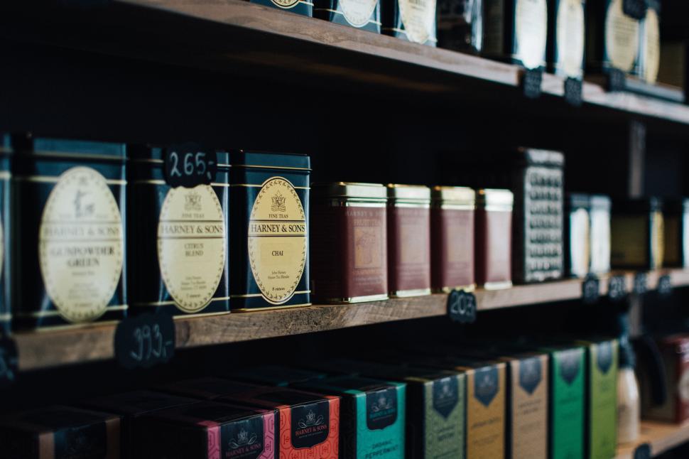 Free Stock Photo of A shelf with different colored boxes of tea ...