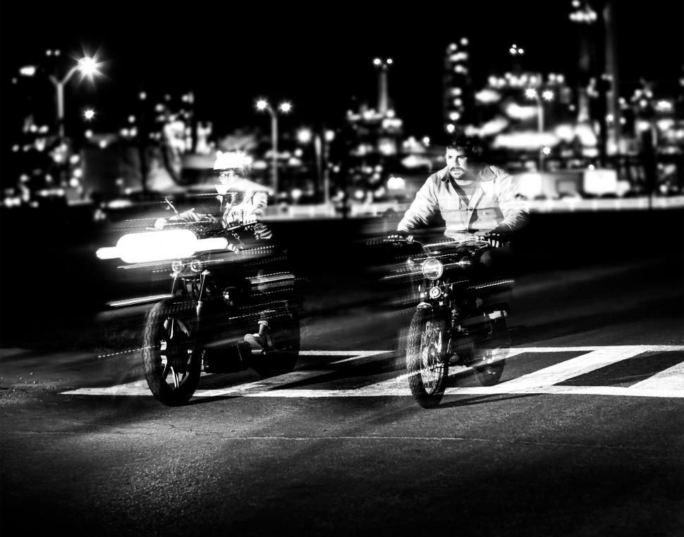 Free Stock Photo of Two men riding motorcycles on a street at night ...