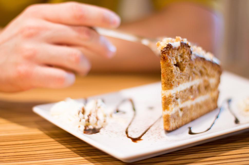 Free Stock Photo of A hand holding a fork to a piece of cake | Download ...