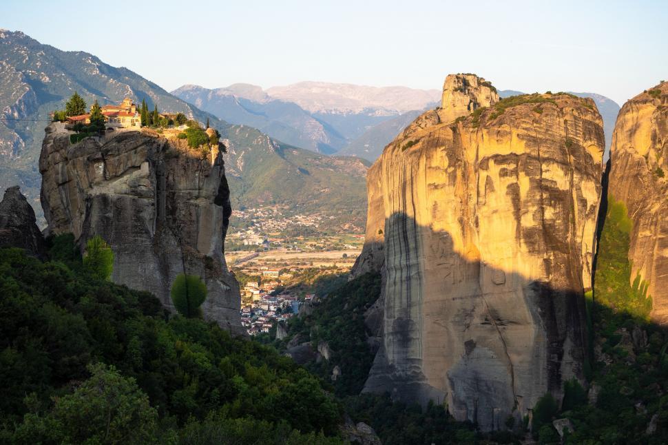 Free Stock Photo of A large rock formations with meteora on top of it ...