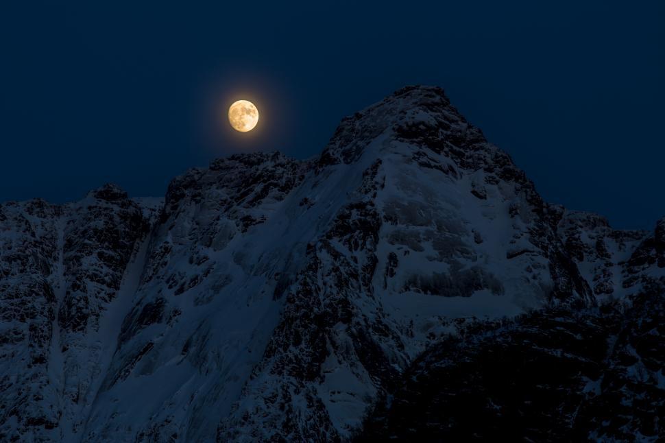 Moon Snow Mountains Stunning Winter Sunset Vibrant Purple Sky Over