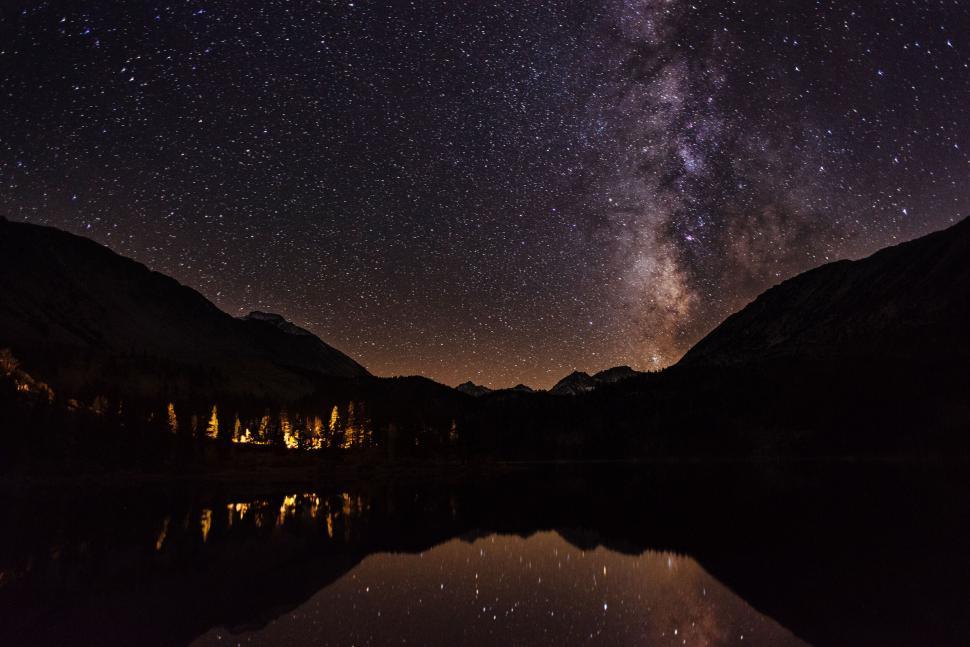 Free Stock Photo of A lake with a mountain and stars in the sky ...