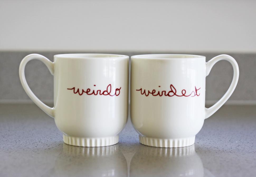 Free Stock Photo of Two white mugs with weirdo and weirdest text ...