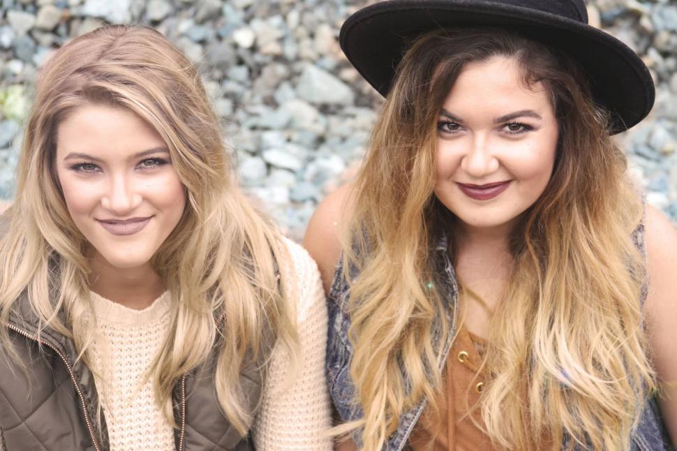 Free Stock Photo of Two smiling friends sitting together outdoors ...