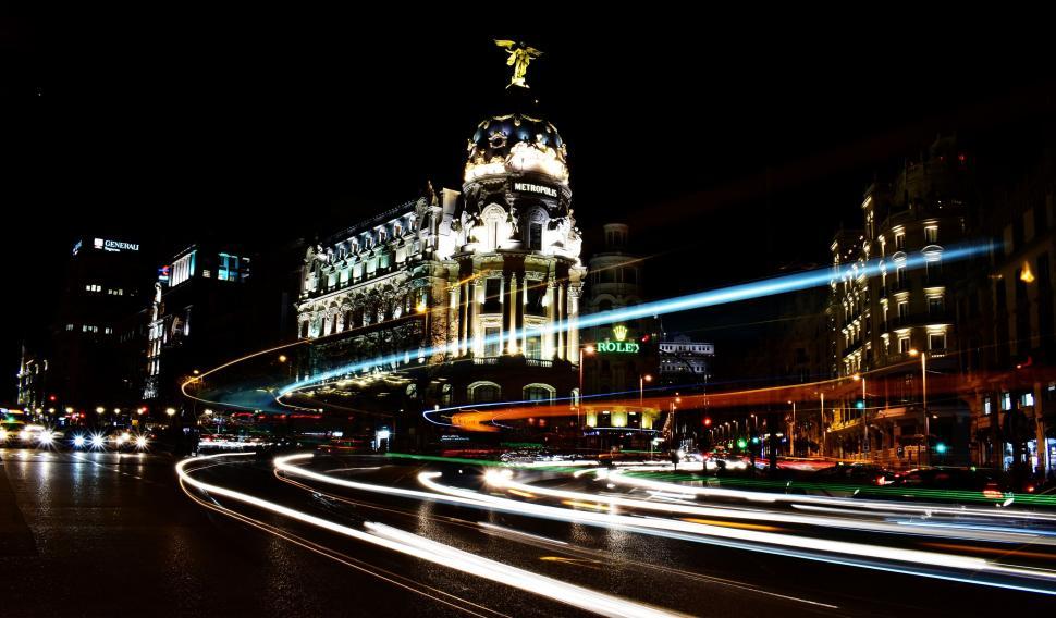 Free Stock Photo of Iconic building illuminated by night traffic ...