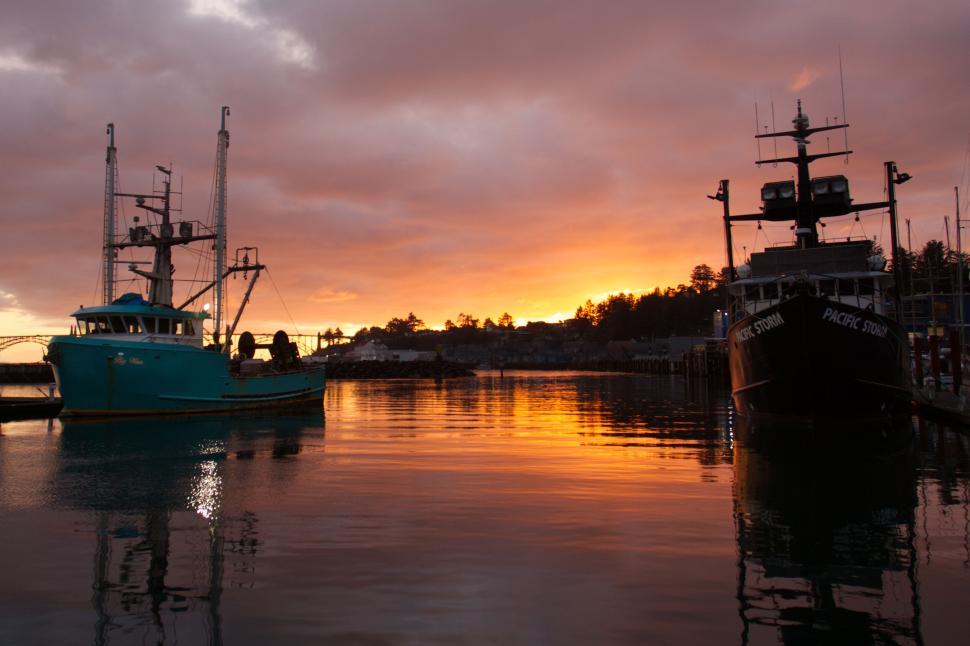 Free Stock Photo of Harbor view at sunset with moored fishing boats ...