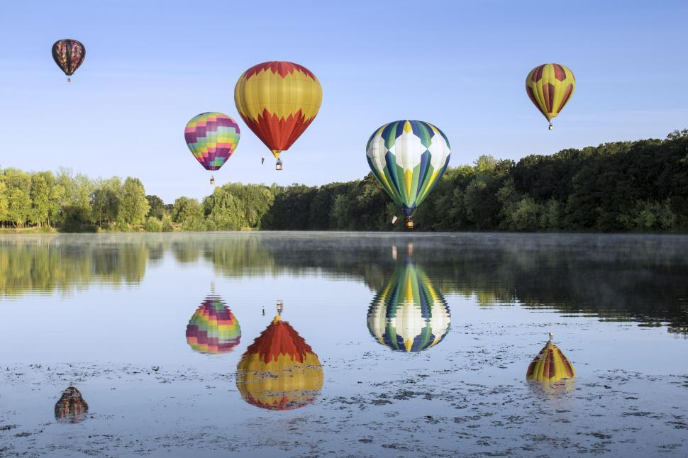 Free Stock Photo of Hot air balloons reflecting on calm lake | Download ...