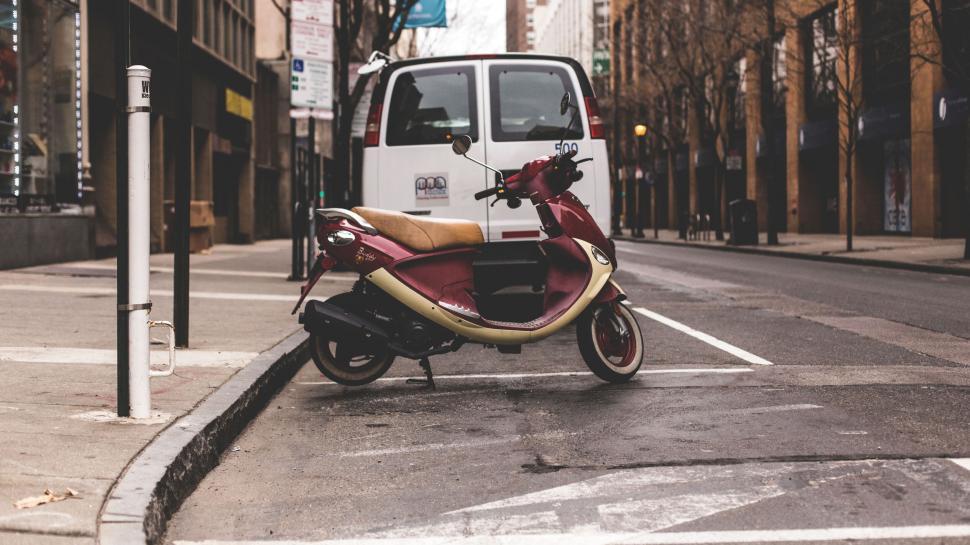 Free Stock Photo of Red scooter parked on urban street side | Download ...