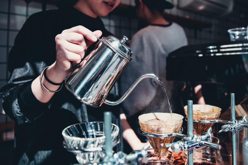 Free Stock Photo of Barista pouring hot water over coffee grounds ...