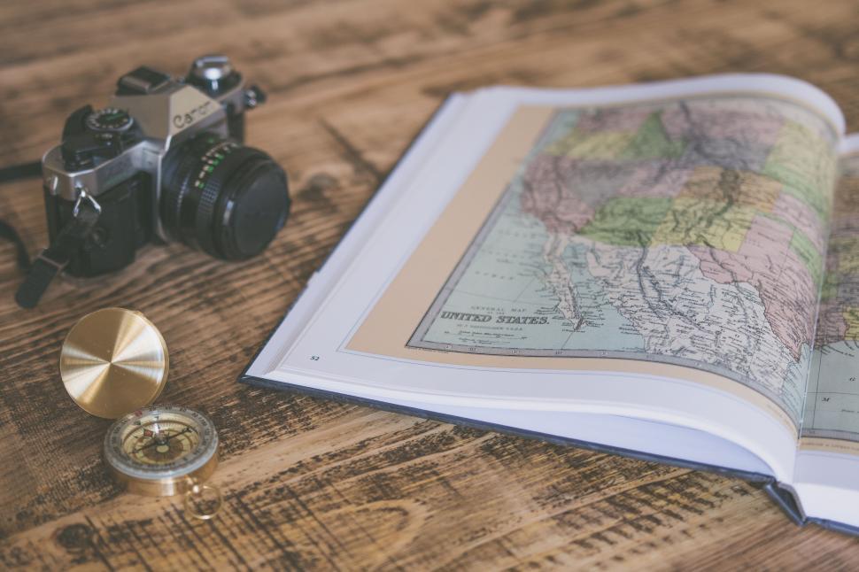Free Stock Photo of Travel exploration concept with camera and map ...