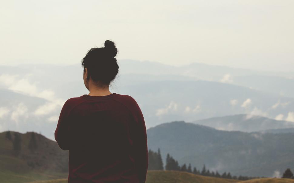 Free Stock Photo of Woman gazing at mountainous horizon in ...
